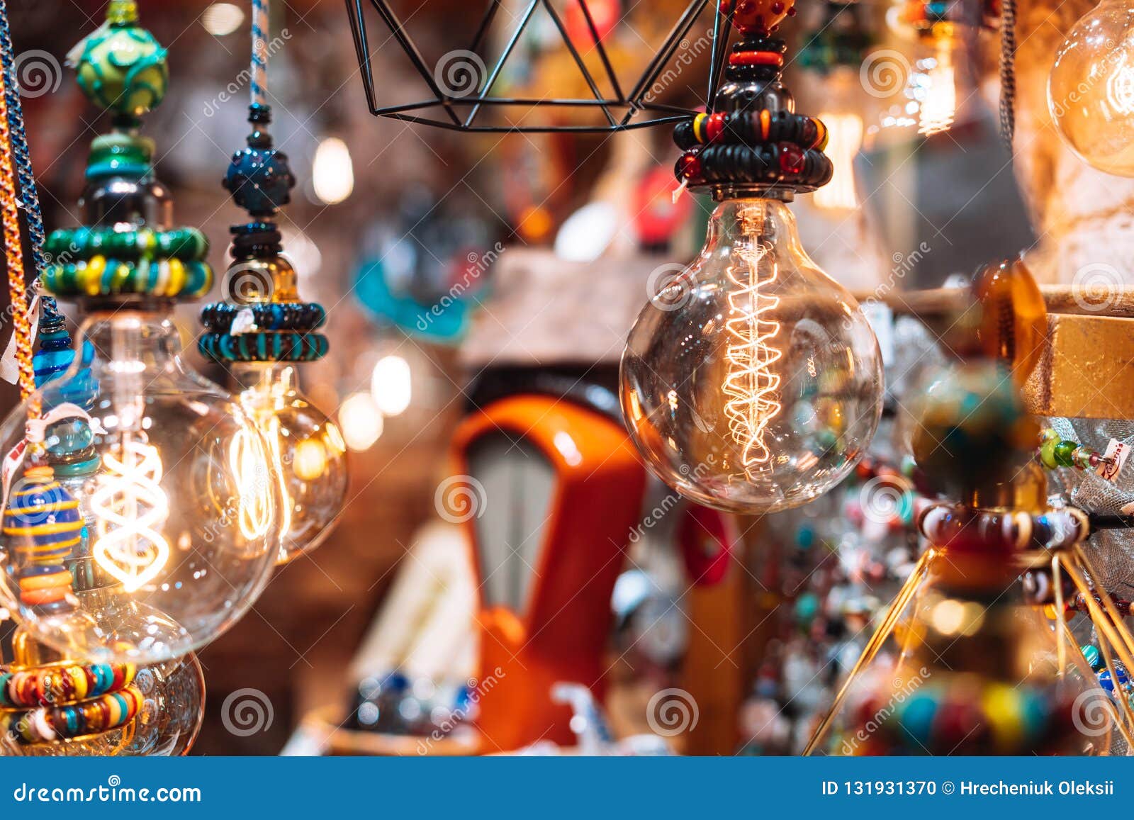 The Store is Decorated with Electric Light Bulbs Stock Photo - Image of ...