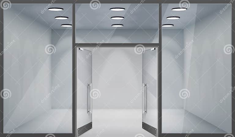 Store Front Open Doors 3d Shop Empty Interior Realistic Windows Space ...