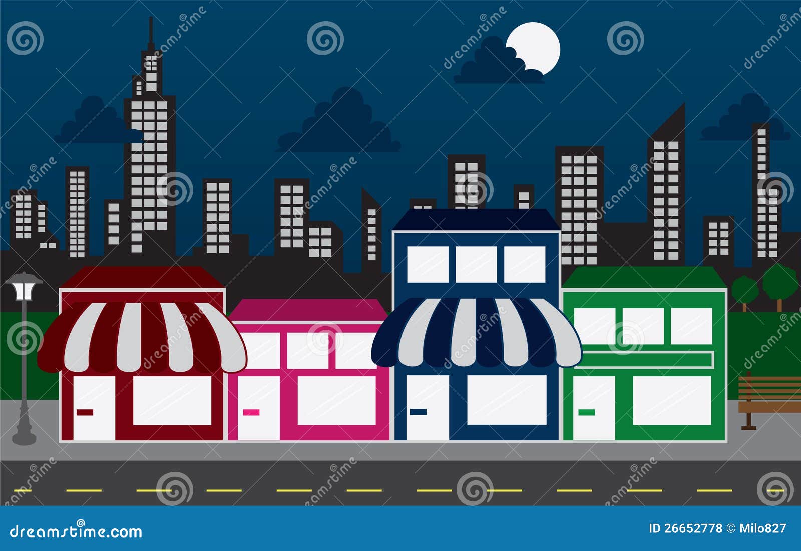 Store Fronts and Skyline Buildings at Night Stock Vector - Illustration ...