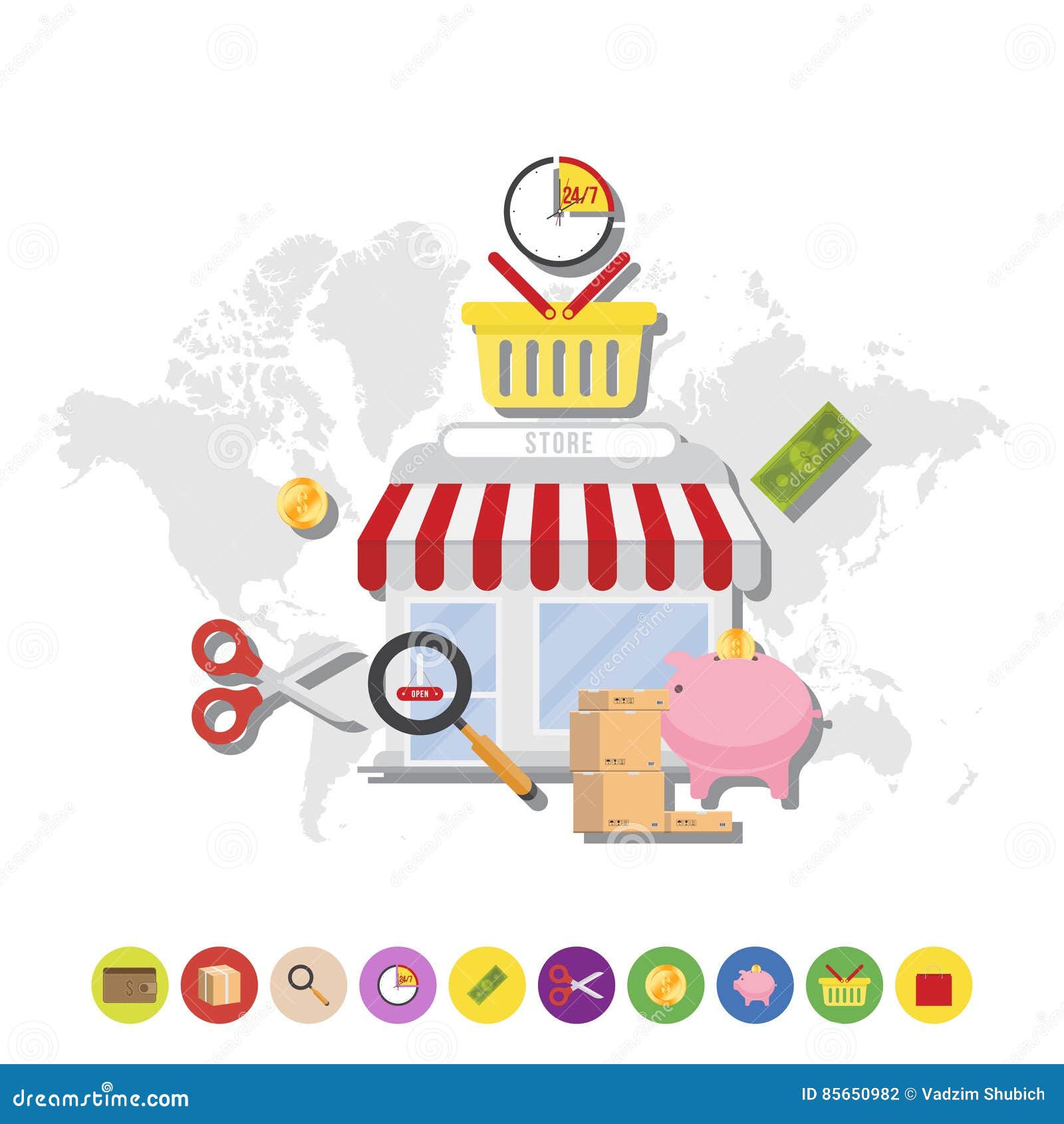 Store and Icons on World Map Background. Stock Illustration ...