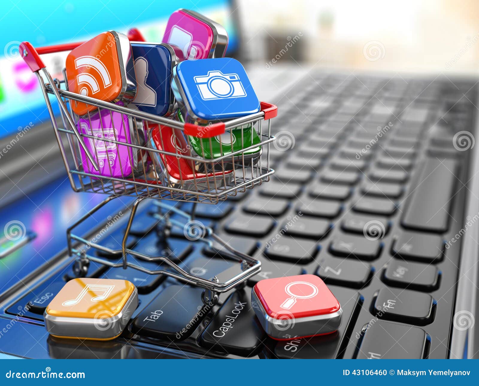 Store of Laptop Software. Apps Icons in Shopping Cart Stock ...