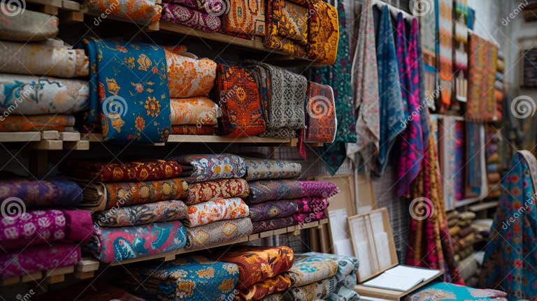 A Store with Many Different Types of Fabric on Display, AI Stock Image ... A Store with Many Different Types of Fabric on Display, AI Stock Image ...