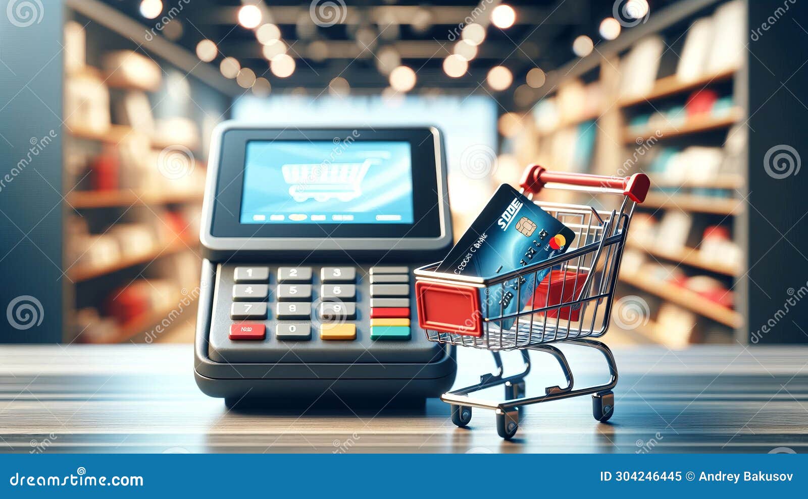 In-Store Payment Process with POS and Mini Cart Stock Image - Image of ...
