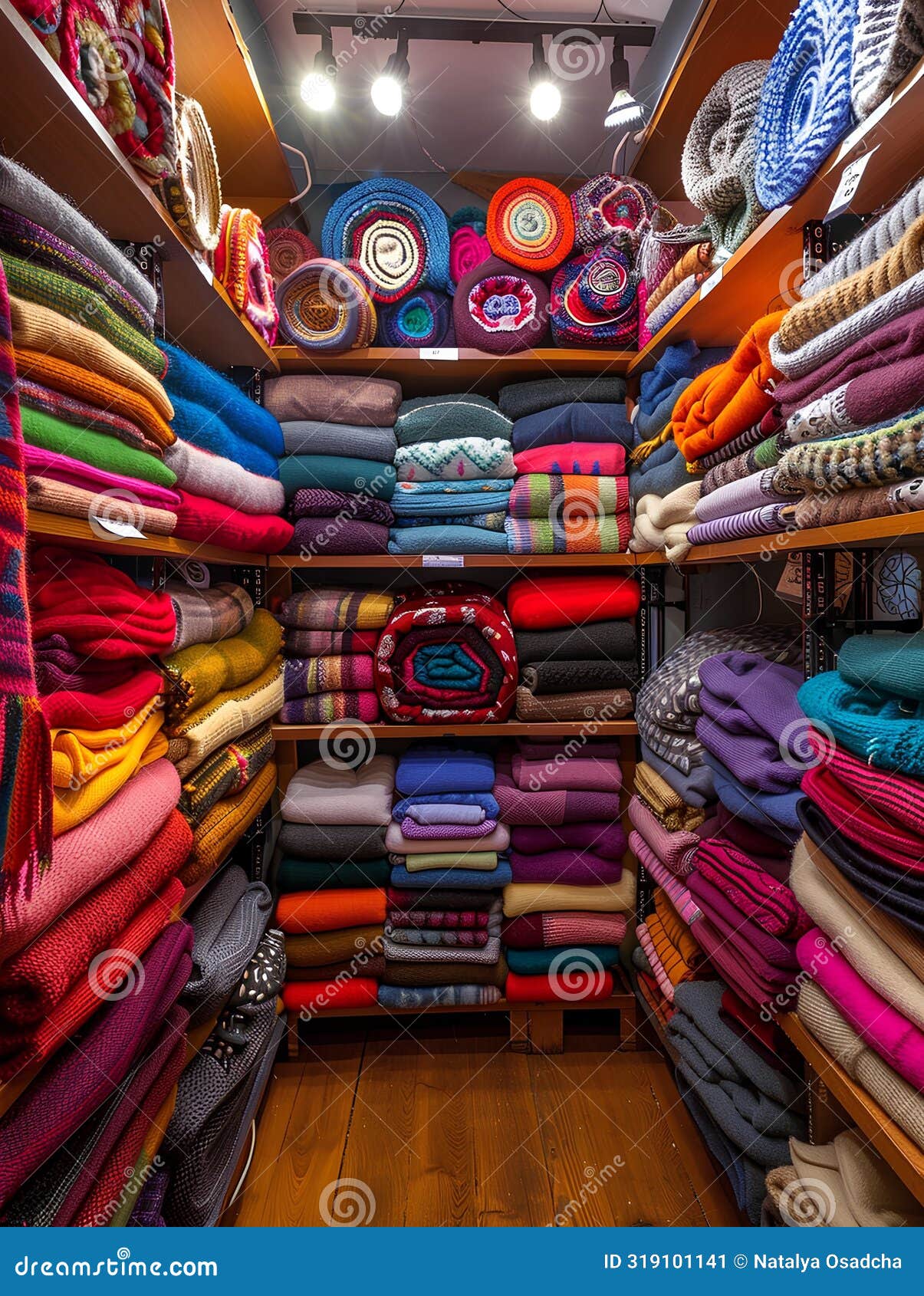 A Store with Shelves Full of Colorful Fabrics, Fabric Rolls and Various ...