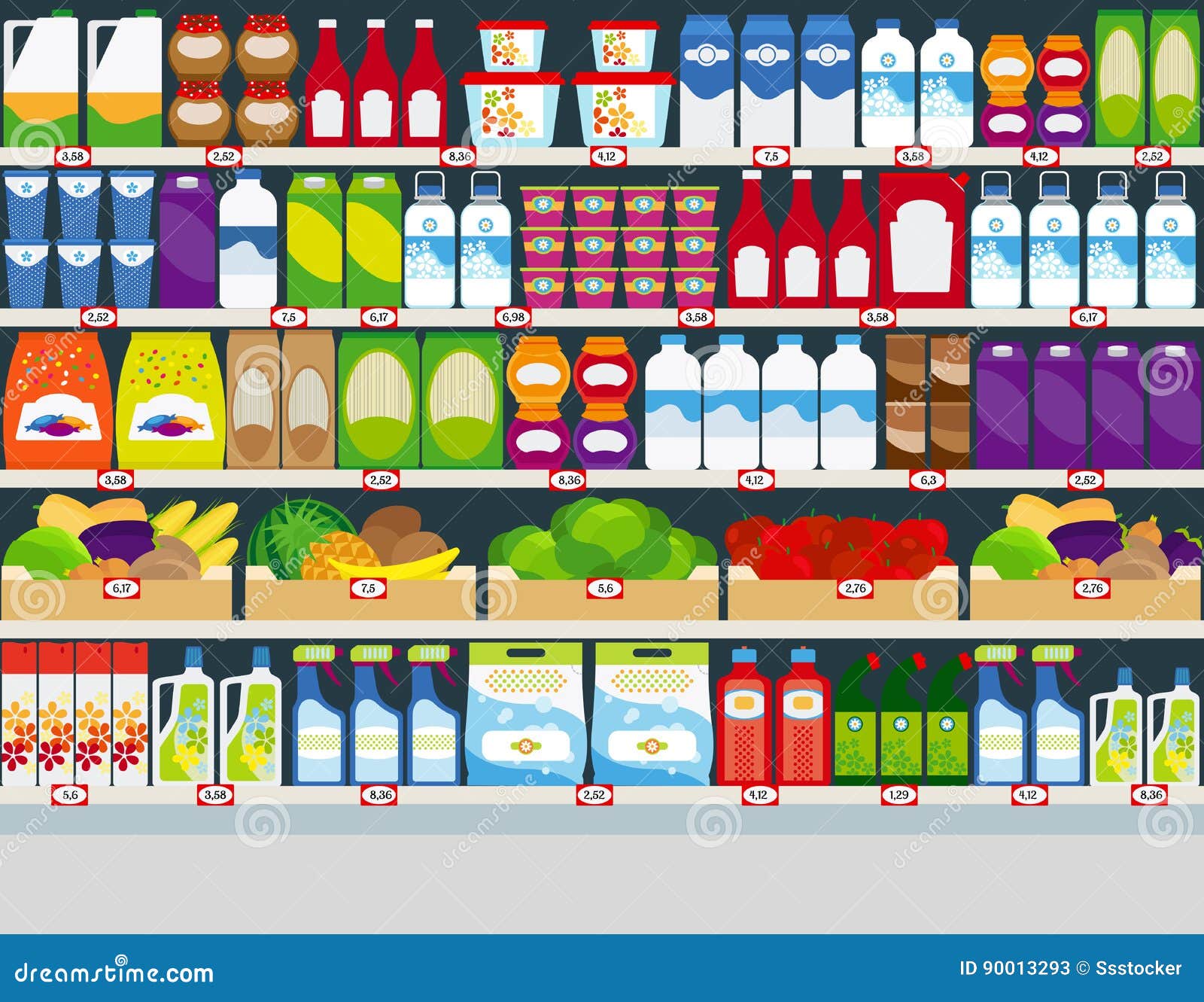 Store Shelves with Products Background Stock Vector - Illustration of ...