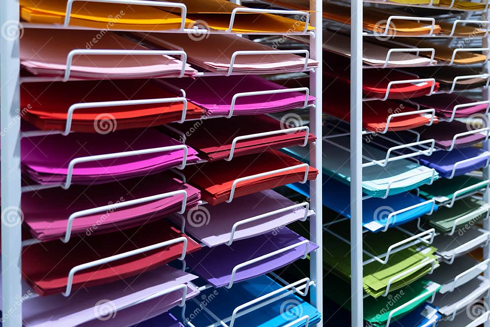 In the Store, There are Sheets of Multi-colored Paper on the Racks ...
