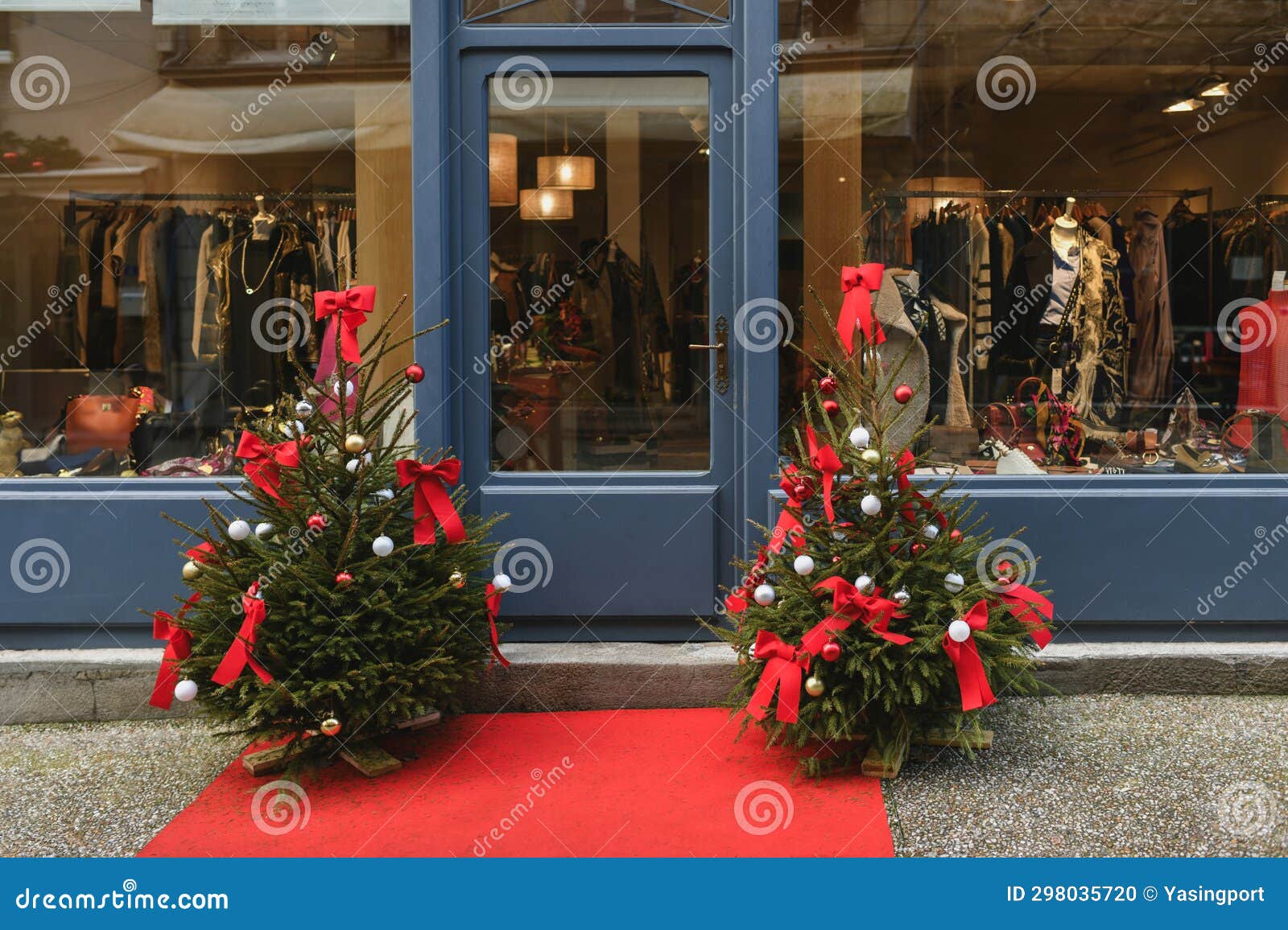 The Store Window is Decorated with Christmas Trees. Stock Photo - Image ...