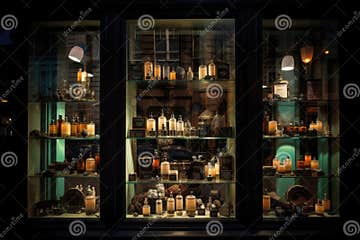 A Store Window with a Display of Product and Dramatic Lighting Stock ...