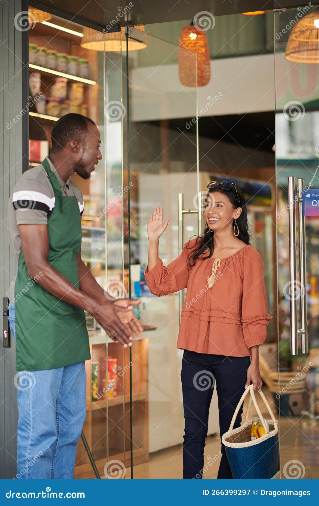 Store Worker Greeting Customer Stock Image - Image of welcome, goods ...