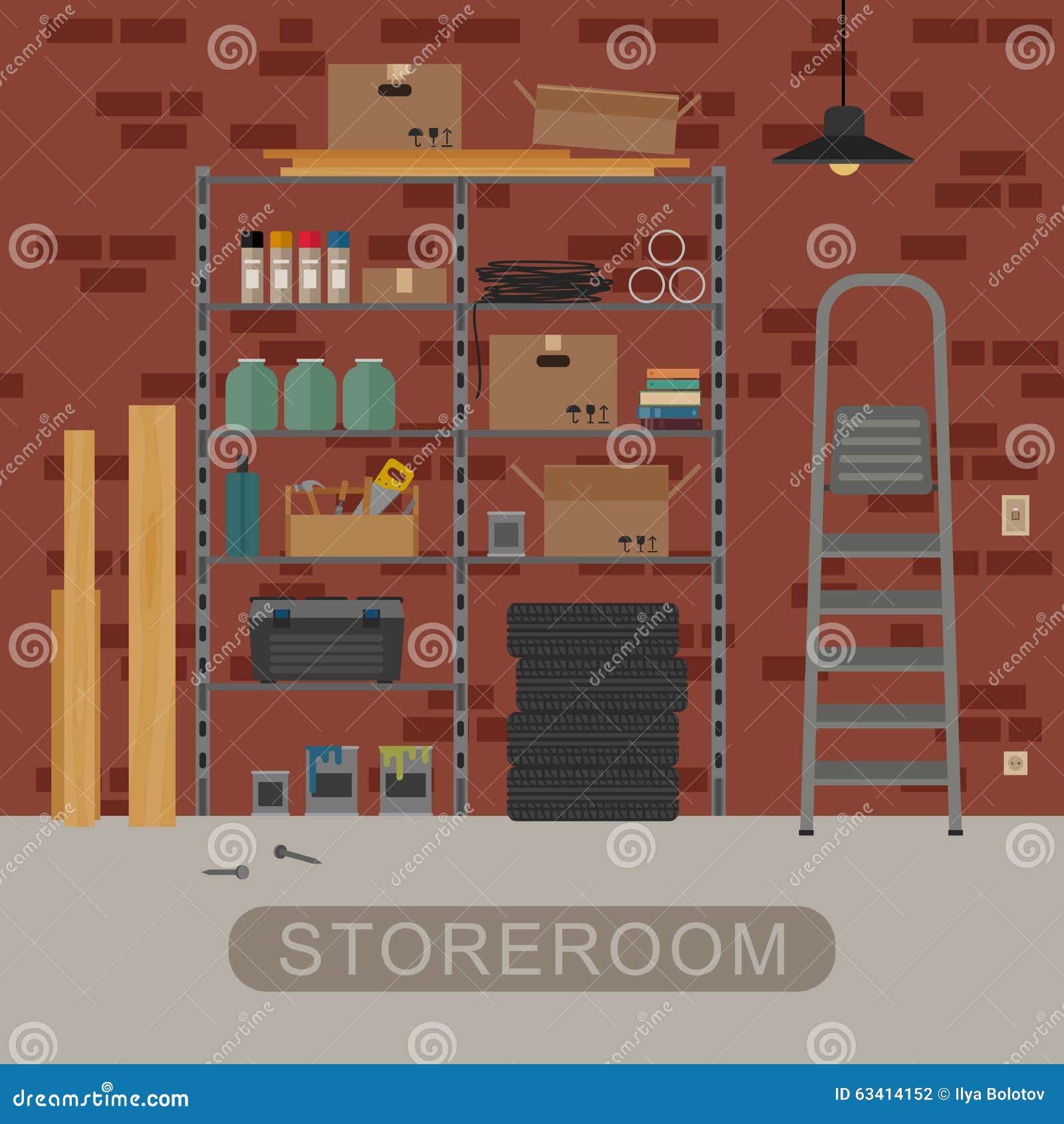 Storeroom Interior with Brickwall. Stock Vector - Illustration of nail ...