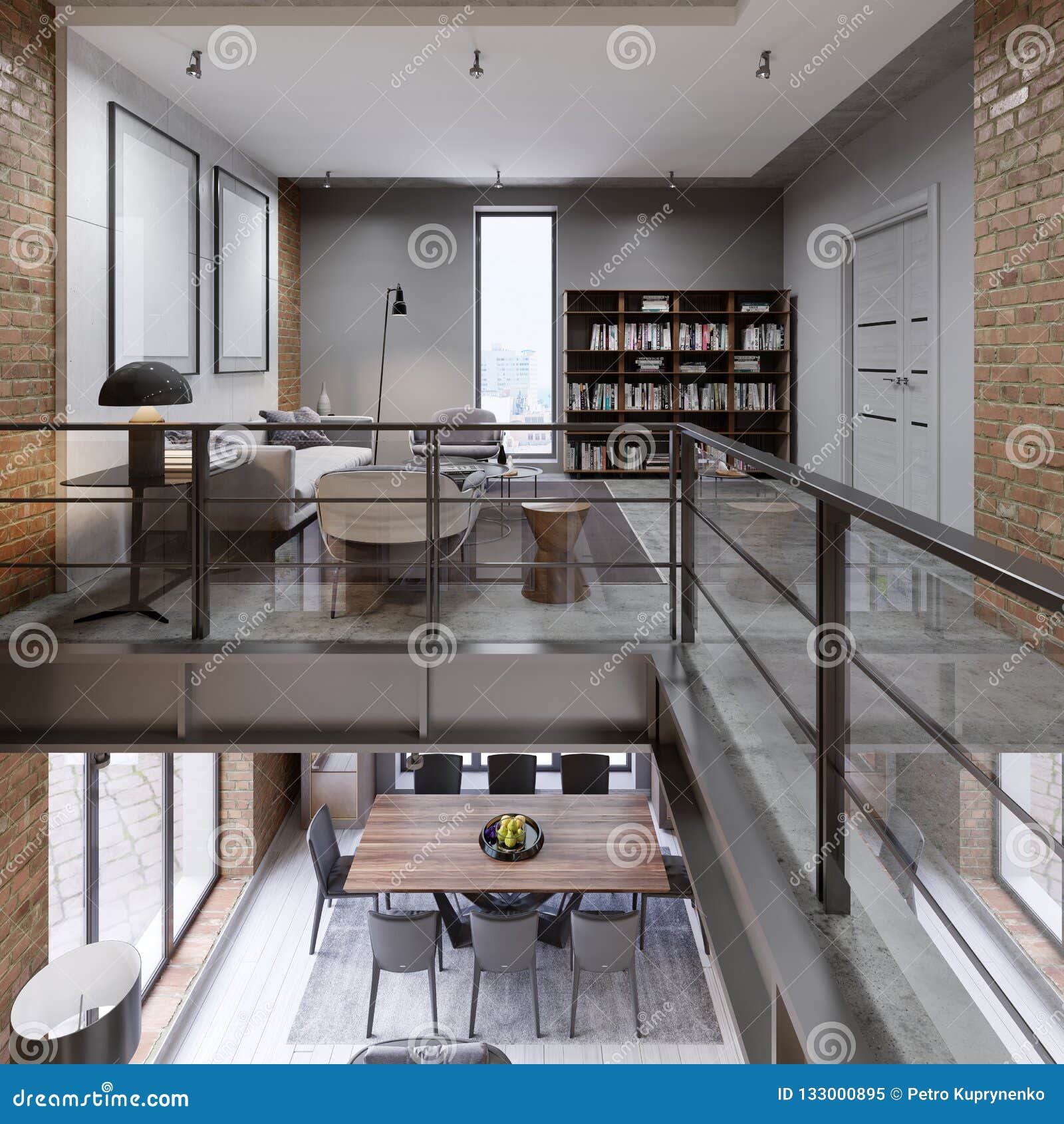 Two-level Loft-style Interior With A Living Room And Dining Area And ...