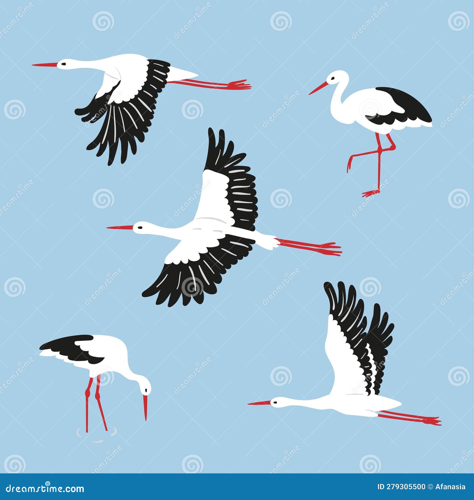 Stork Birds Vector Illustration. Set Of Standing And Flying White ...