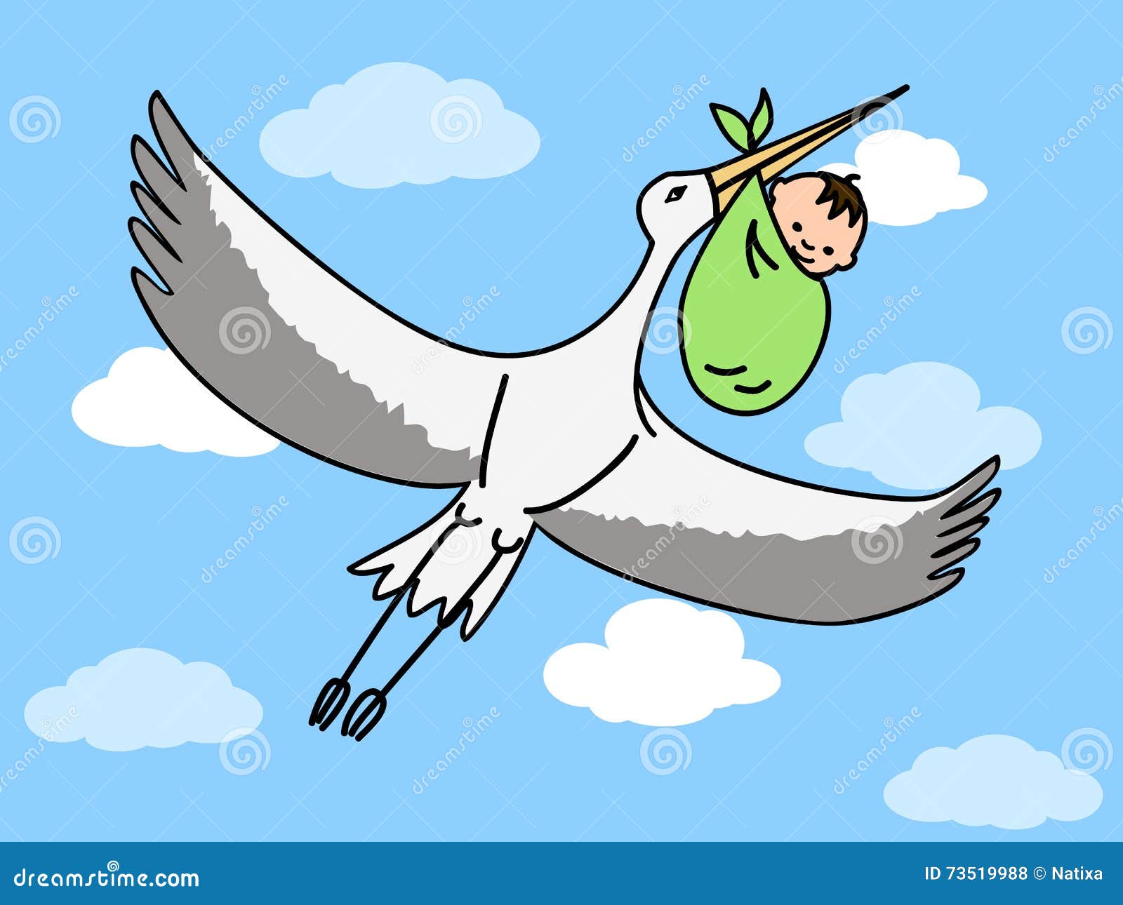 Stork carrying baby stock vector. Illustration of greeting - 73519988