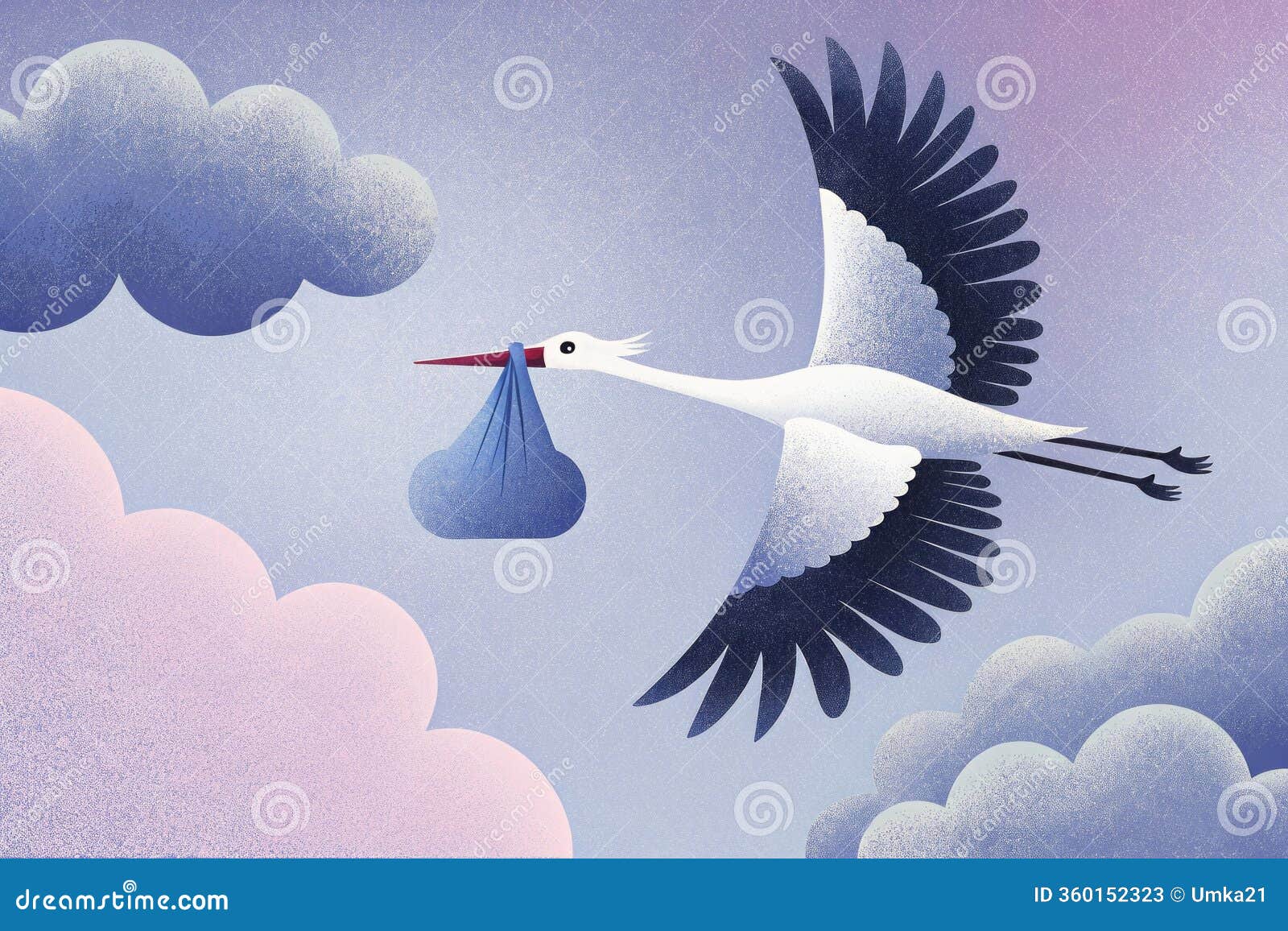 Stork Flying through Clouds with Baby Bundle in Pastel Sky Stock ...
