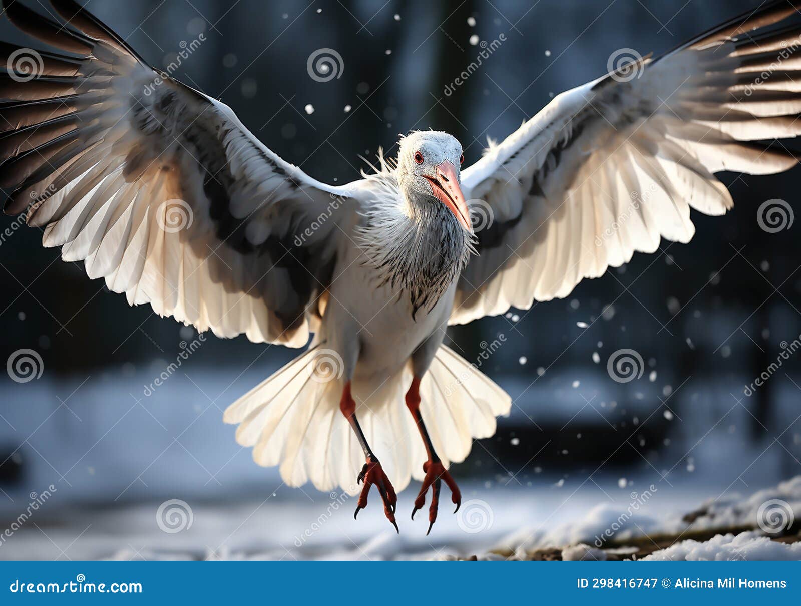 Stork Landing on the Snow, in a Winter Landscape with Falling Snow. AI ...