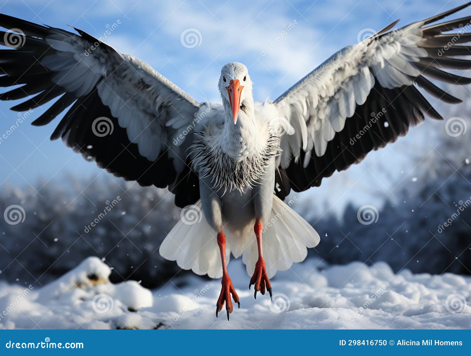 Stork Landing on the Snow, in a Winter Landscape with Falling Snow. AI ...