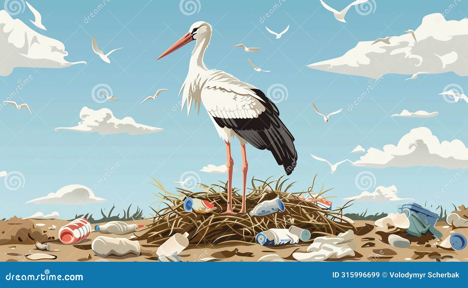Stork Made a Nest Out of Garbage. Environment Pollution Problem Stock ...