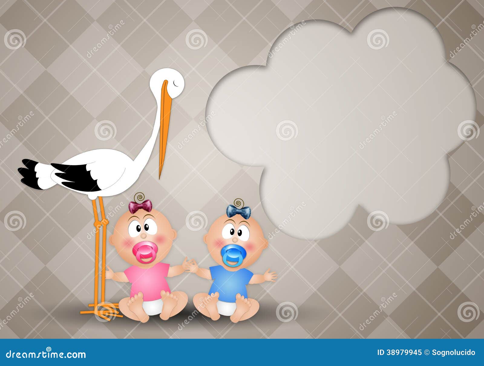 Stork with Twins, Male and Female Stock Illustration - Illustration of ...
