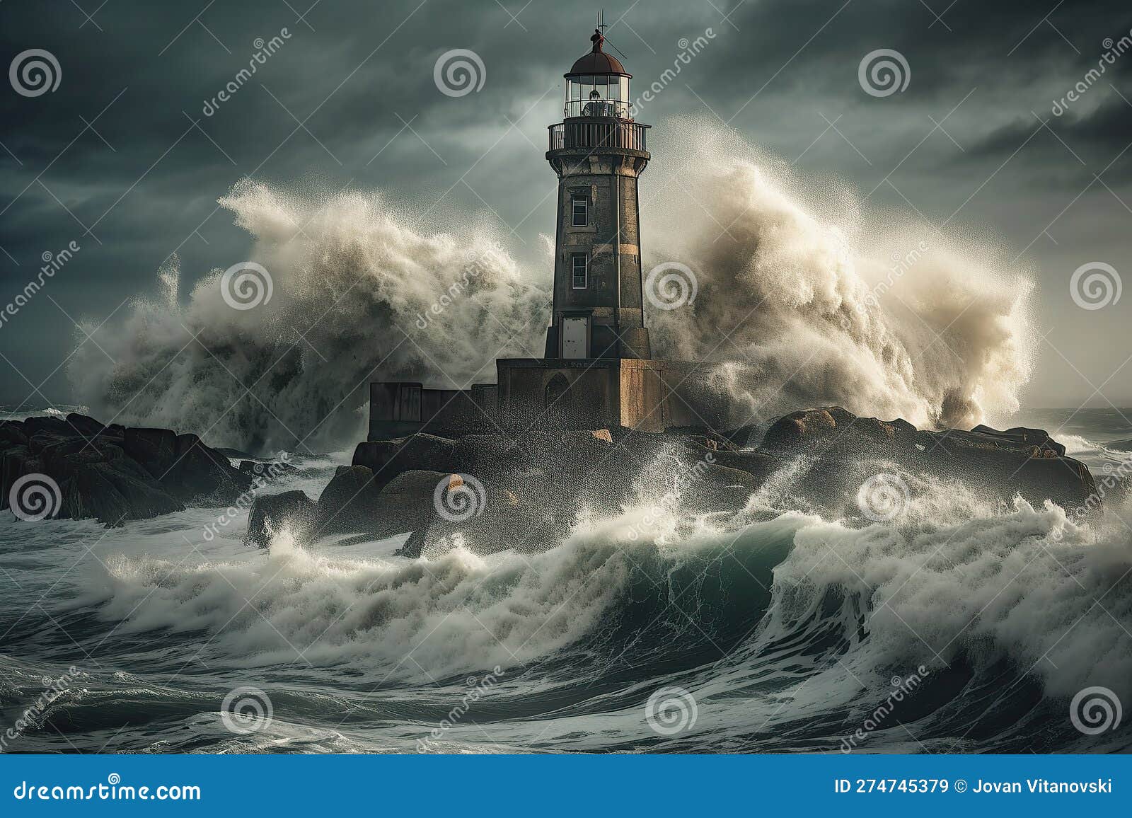 Storm with Big Waves Over the Lighthouse at the Ocean Created by ...