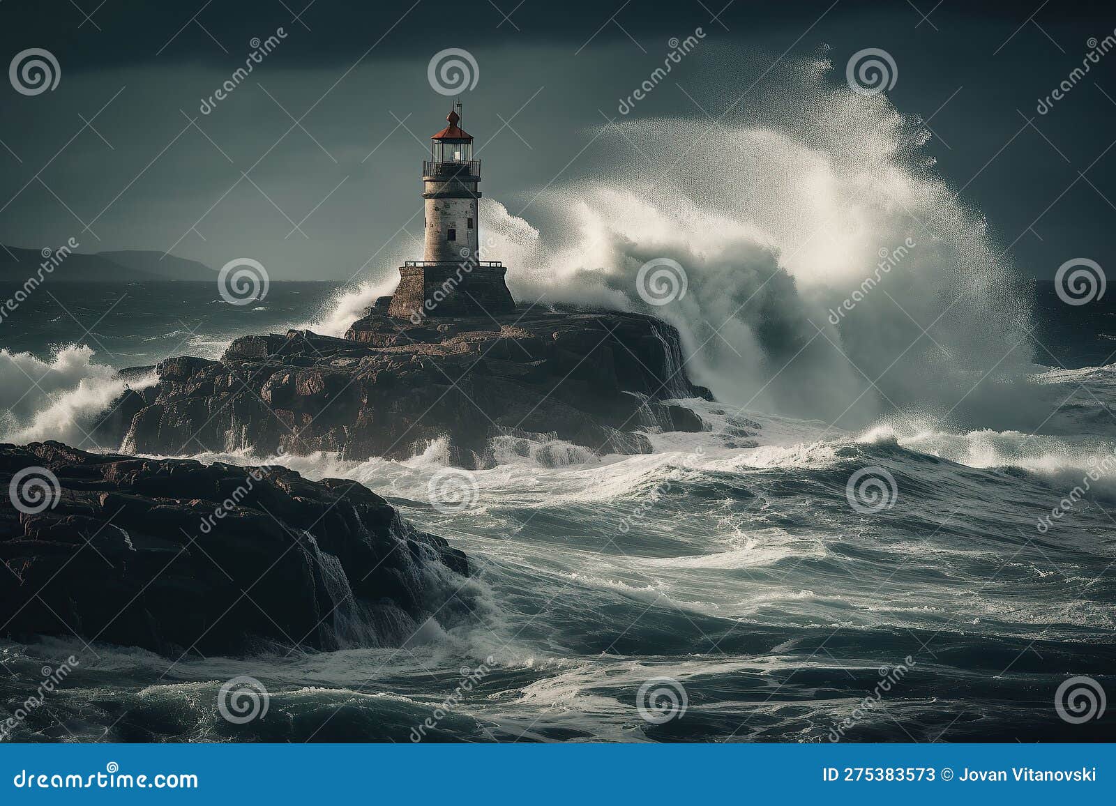Storm with Big Waves Over the Lighthouse at the Ocean Created by ...