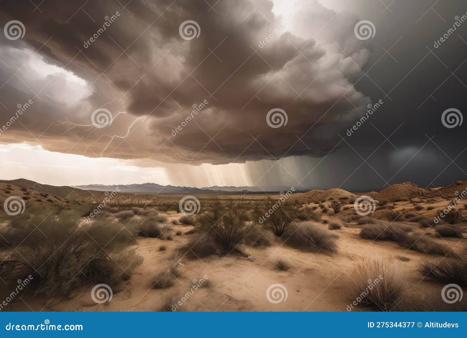 Storm Brewing Over Desert, with Dramatic Lightning Strikes and Roiling ...