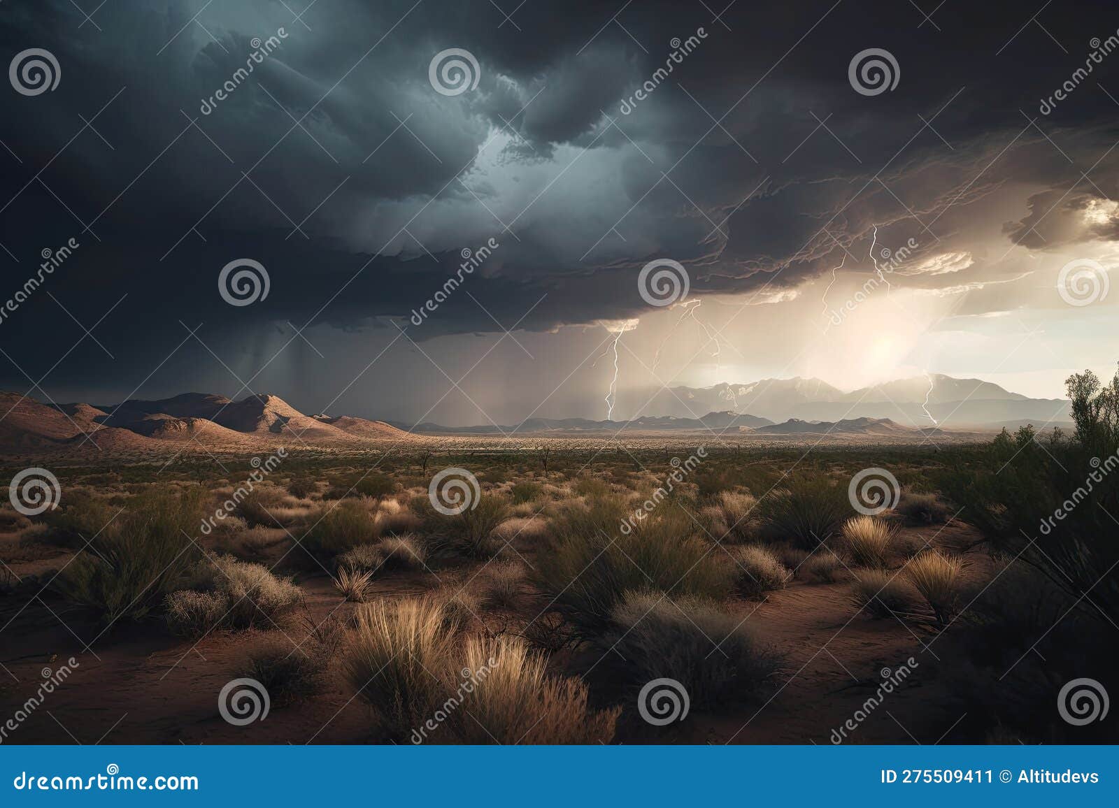 Storm Brewing Over Desert, with Dramatic Lightning Strikes and Roiling ...