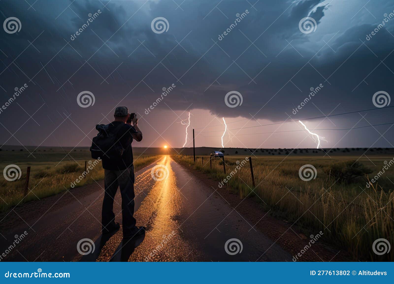 Storm Chaser Capturing Violent Storm On Camera, With Lightning And Rain ...