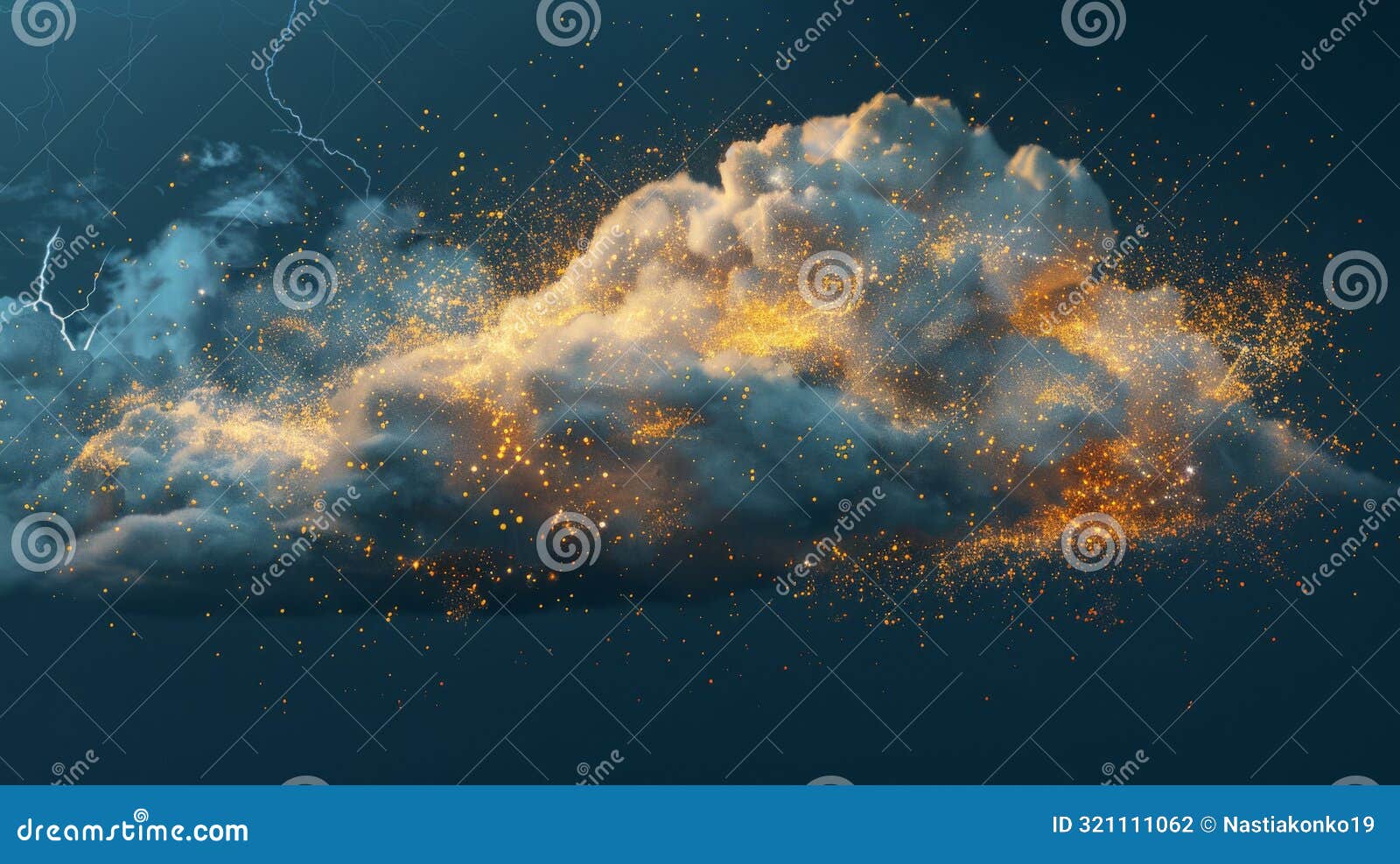 Storm Cloud with Lightning and Glowing Particles in Dark Sky, Dramatic ...
