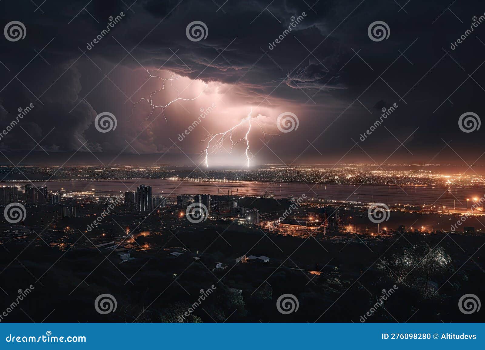 Storm Clouds and Lightning Above Hurricane, with View of Distant City ...