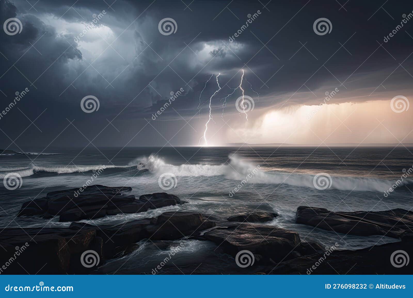 Storm Clouds and Lightning Over the Ocean, with View of Stormy Coast ...