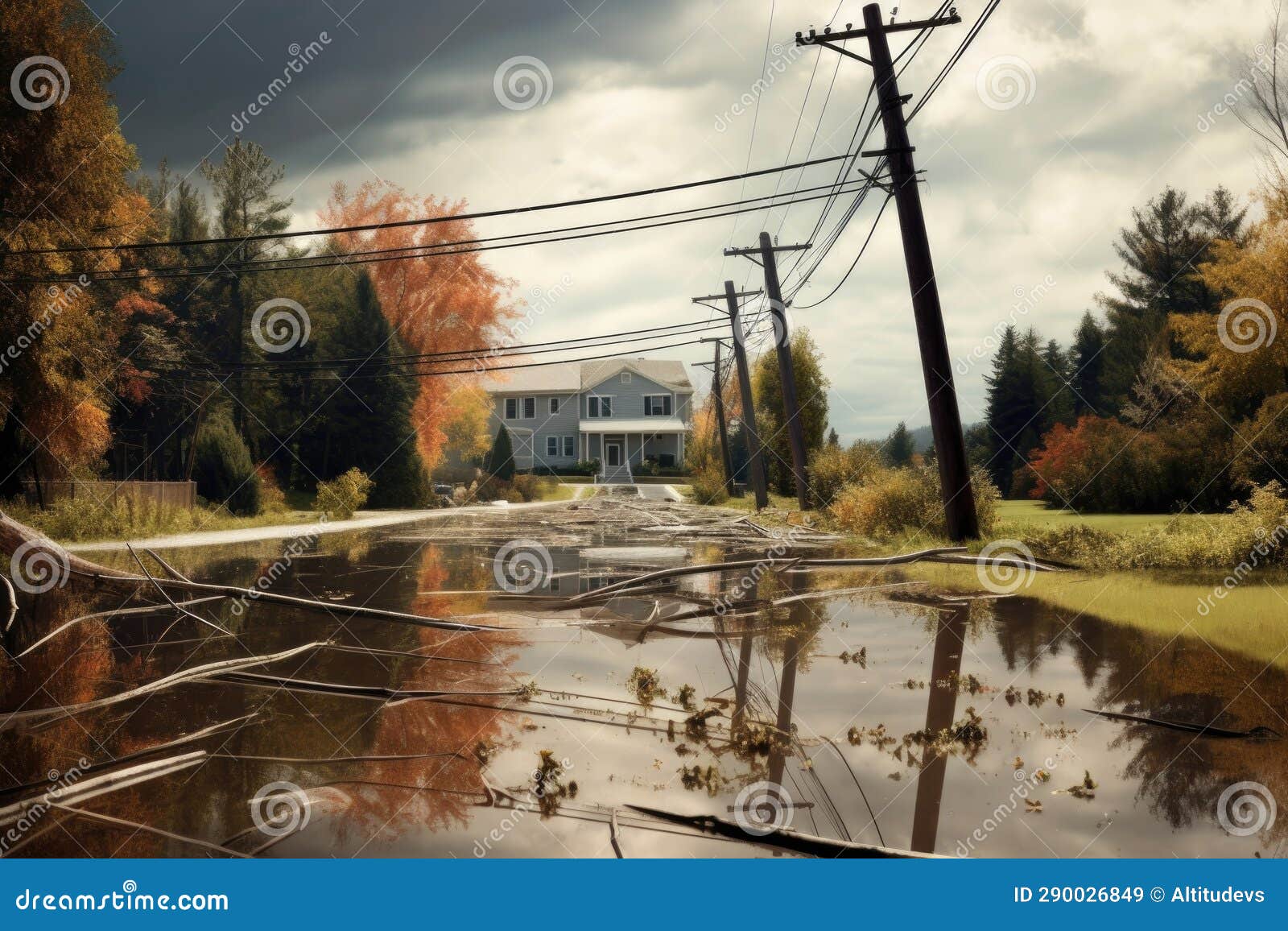 Storm Damage: Broken Power Line Lying on a Flooded Road Stock Image ...