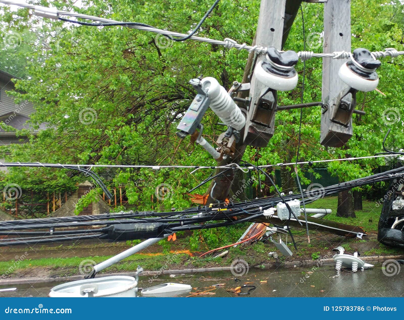 Storm Damaged Electric Transformer on a Pole and a Tree Stock Photo ...