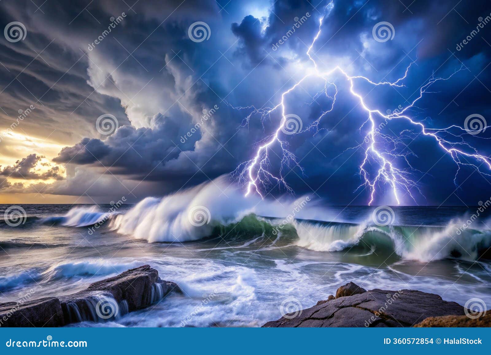 Storm with Lightning. Night Storm with Lightning and Big Waves Stock ...