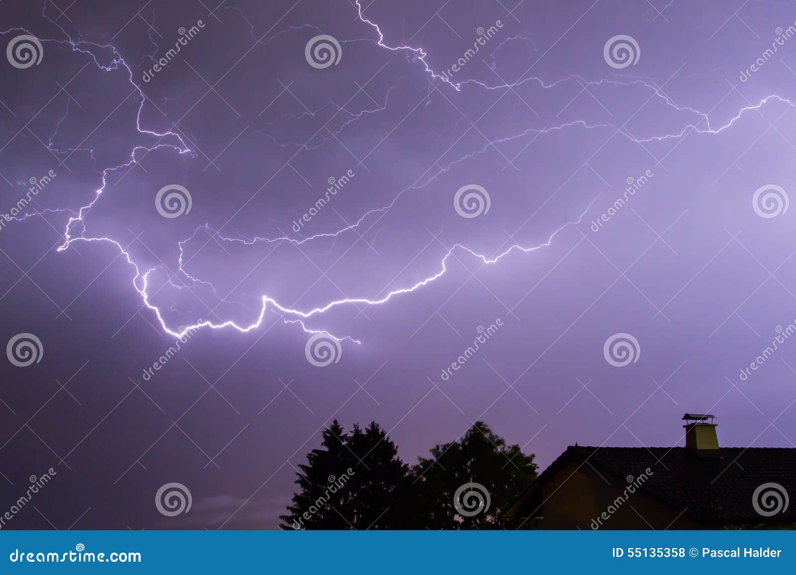 Storm with Lightnings, a House and Trees Stock Photo - Image of natural ...