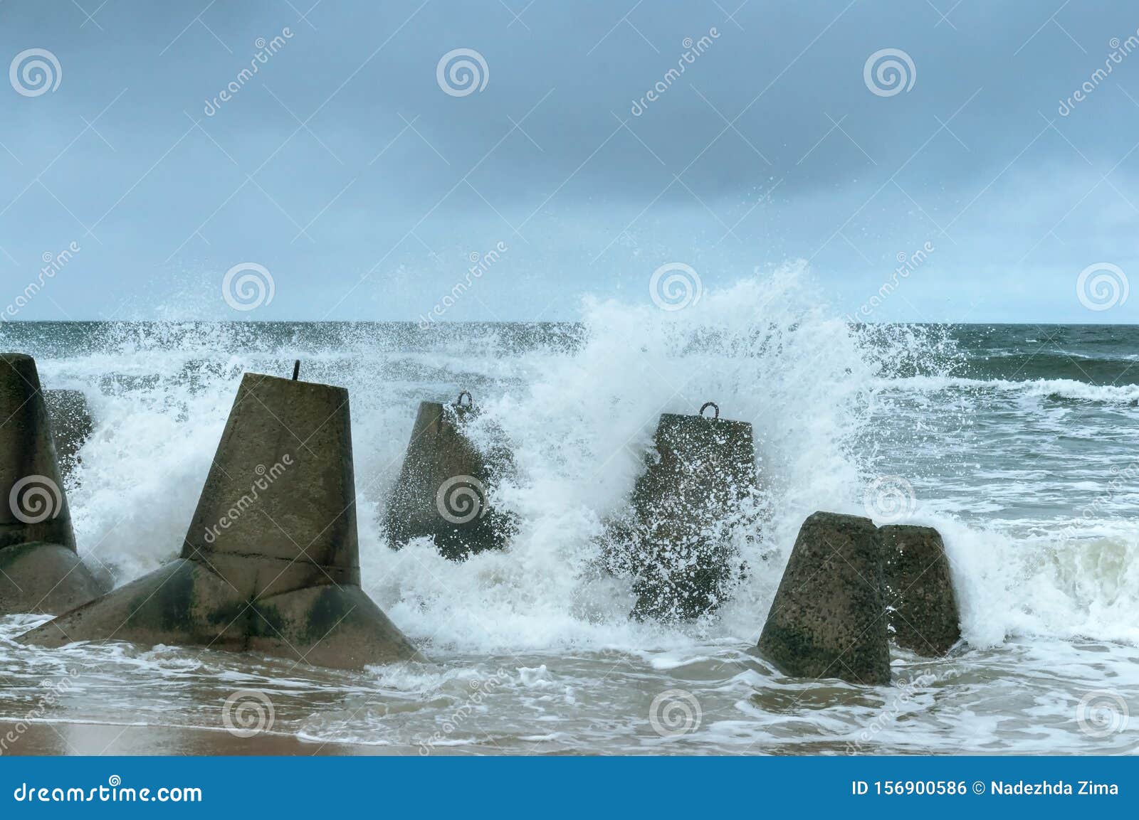 Storm on the Sea and Concrete Coast Protection, Sea Waves and ...