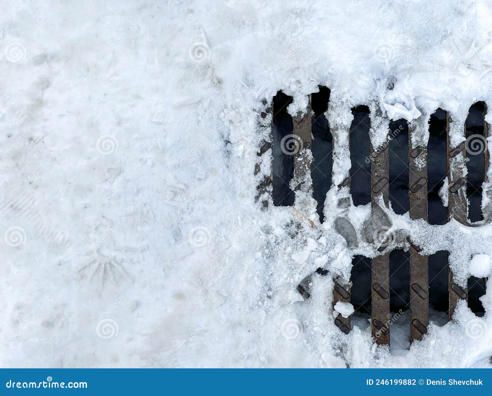 Storm Sewer Grate with Snow Stock Photo - Image of trail, asphalt ...