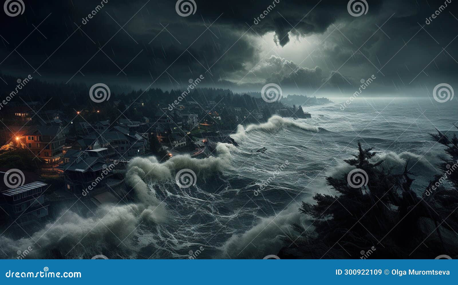 Storm Waves Engulf a Coastal Town at Night, with Lit Windows and ...