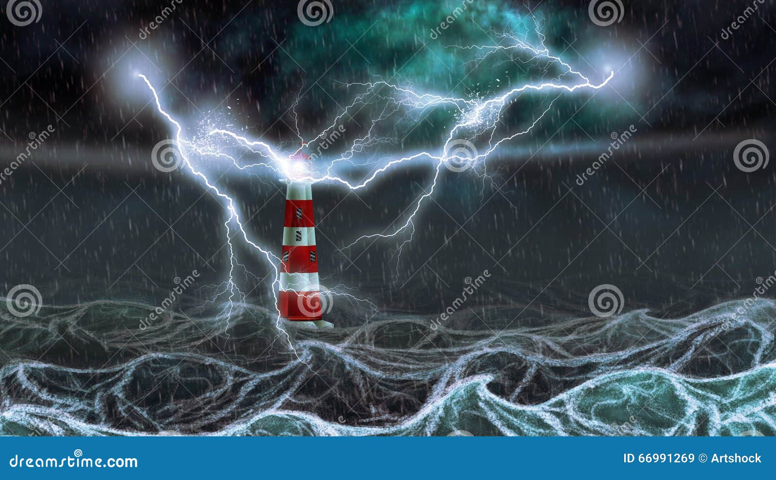 Stormigt hav och fyr stock illustrationer. Illustration av skymning ...