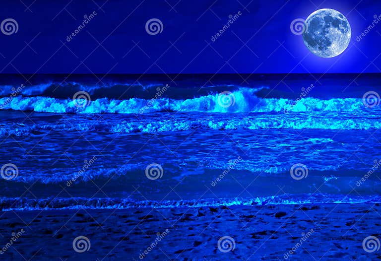 Stormy Beach at Midnight with a Full Moon Stock Image - Image of moon ...