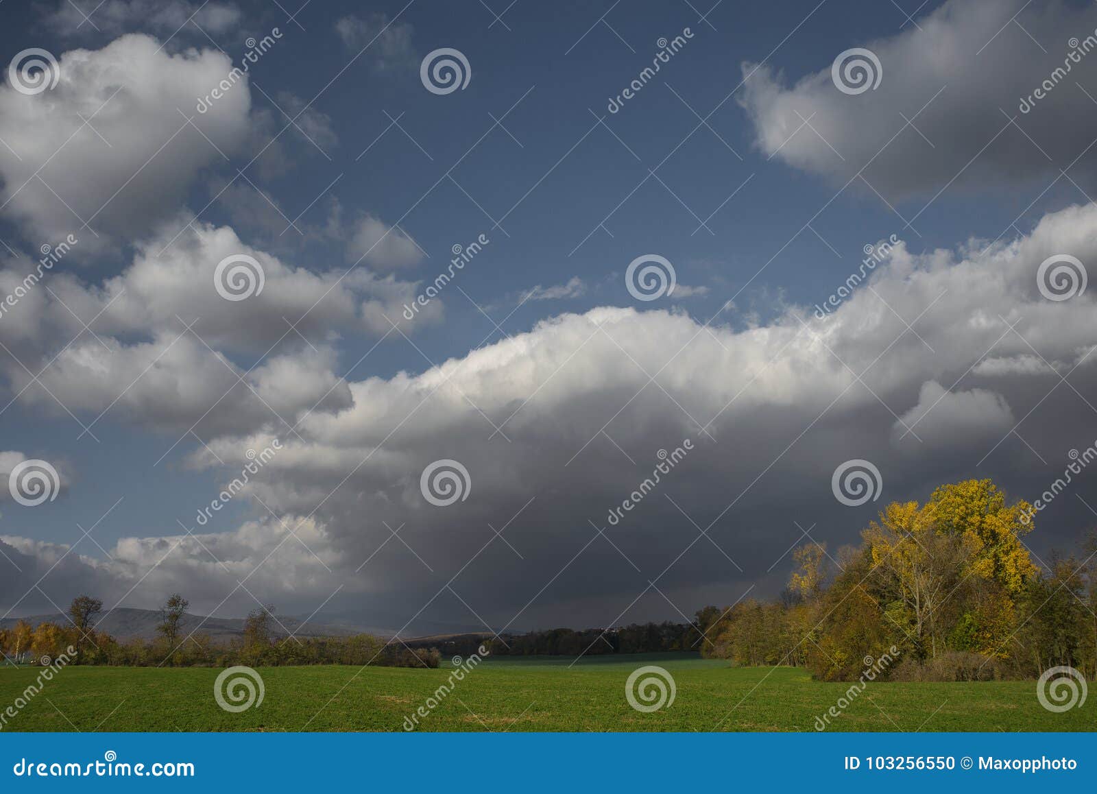 Stormy Dark Clouds Over the Trees and Field. the Fall Scene. Stock ...