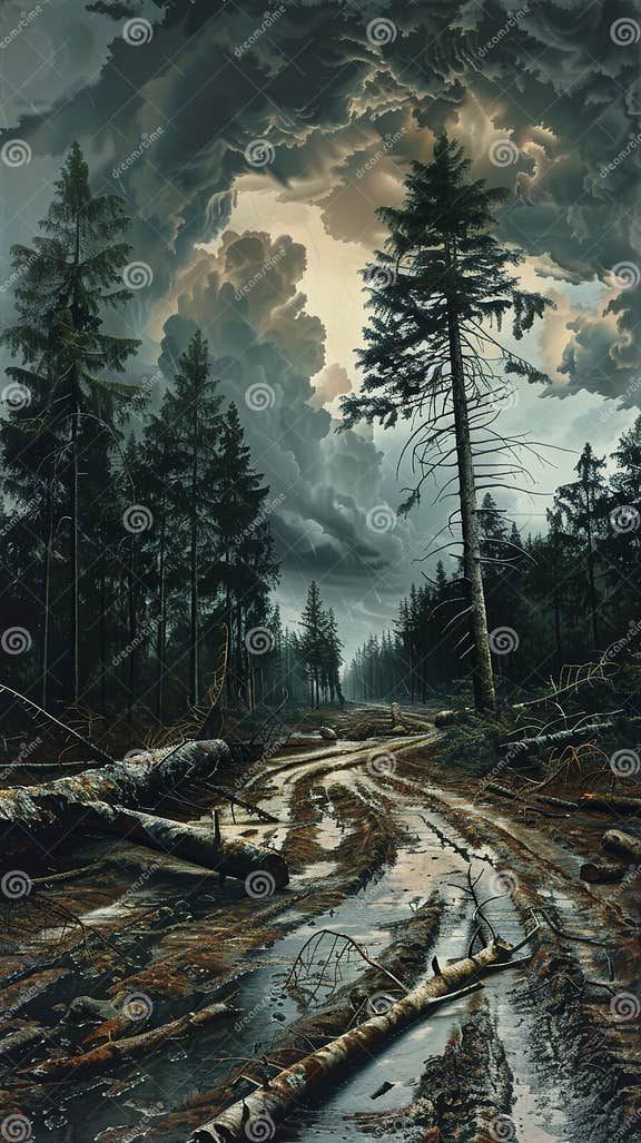Stormy Forest Landscape with Fallen Trees and Muddy Path Stock Image ...