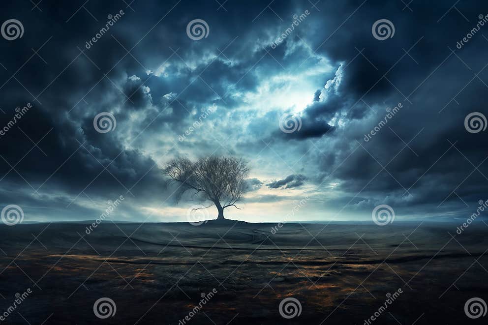 Stormy Landscape, Dark Dramatic Sky with Cumulus Clouds Over Plain with ...