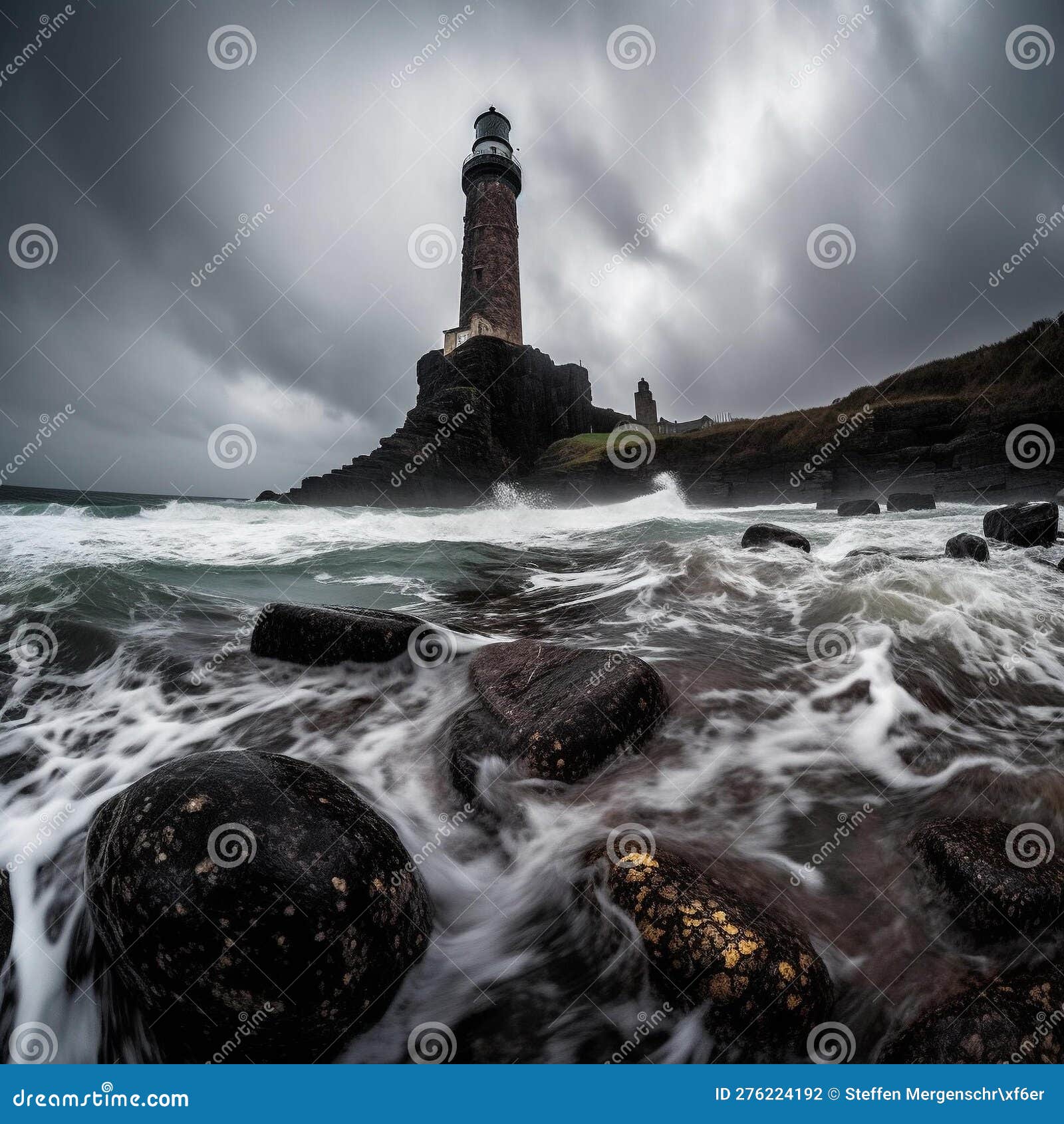 Stormy Lighthouse on Dramatic Cliffs Stock Illustration - Illustration ...