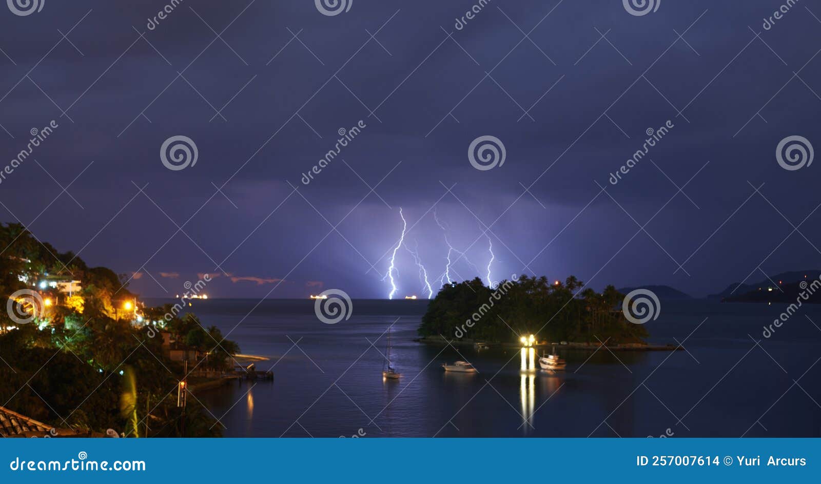 Stormy Night Over the Island. a Dramatic Thunderstorm Over Sea and Land ...