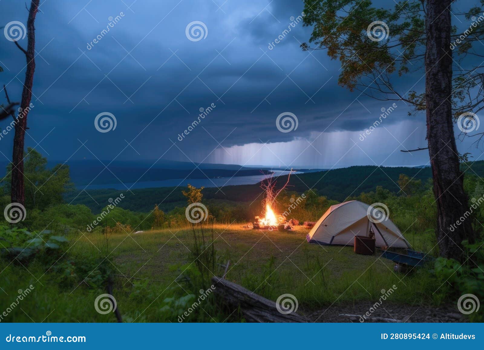 Stormy Night, with View of Tent and Campfire in the Distance Stock ...