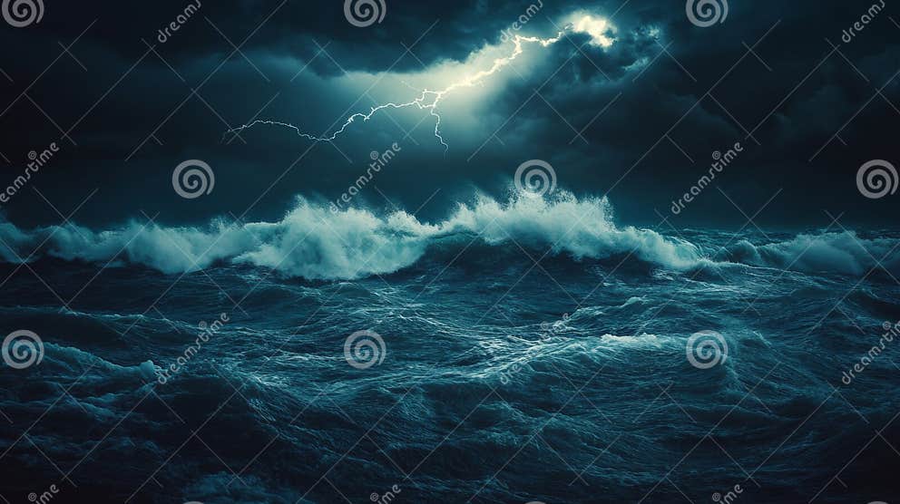 A Stormy Sea with Lightning Striking through Dark Clouds Stock ...