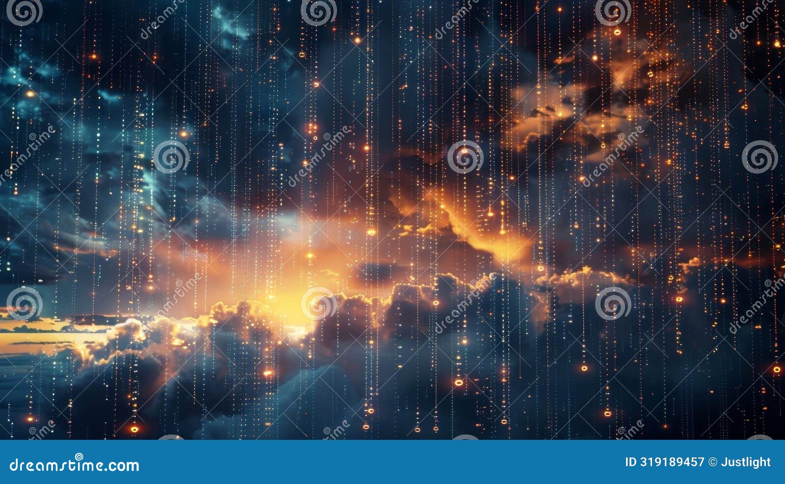 A Stormy Sky with Lightning Bolts Made of Encrypted Codes Representing ...