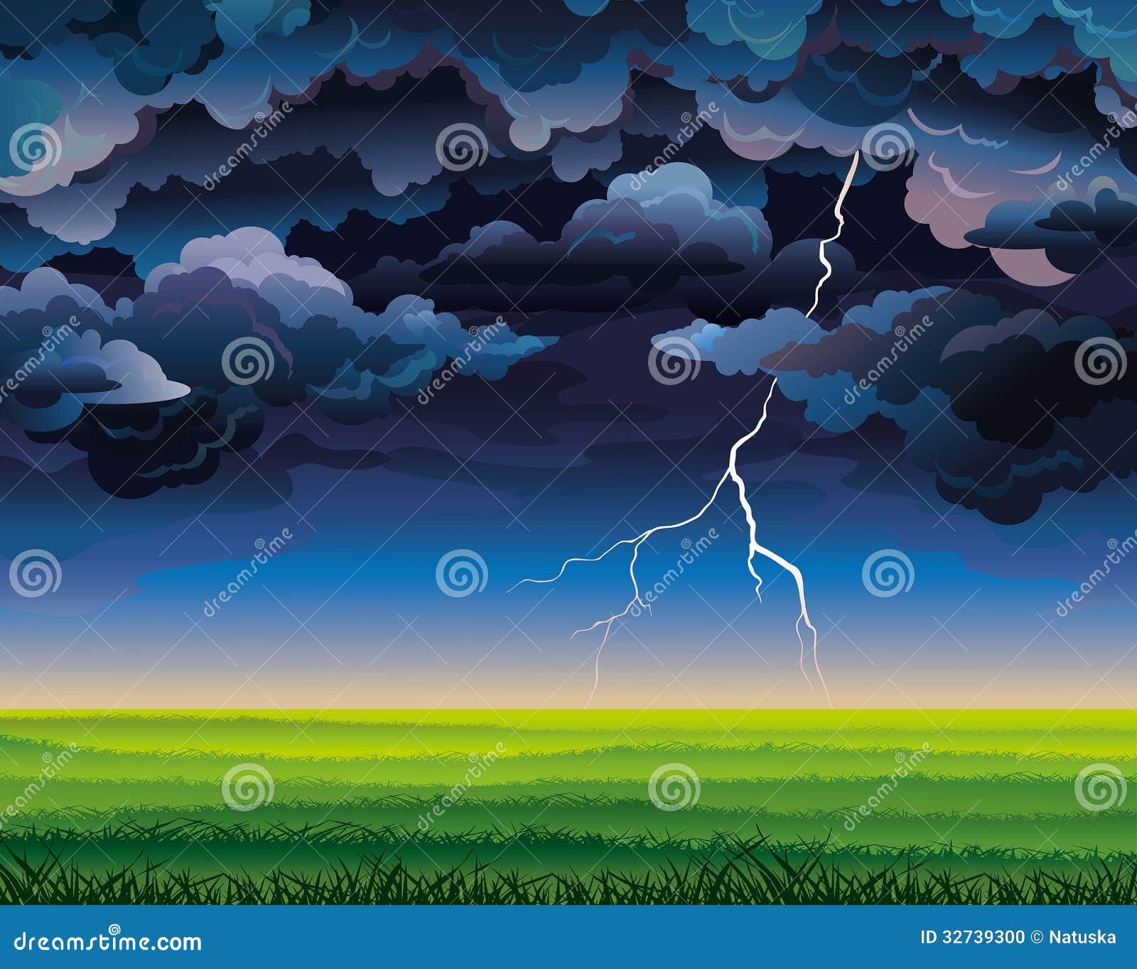 Stormy Sky with Lightning and Green Field Stock Illustration ...