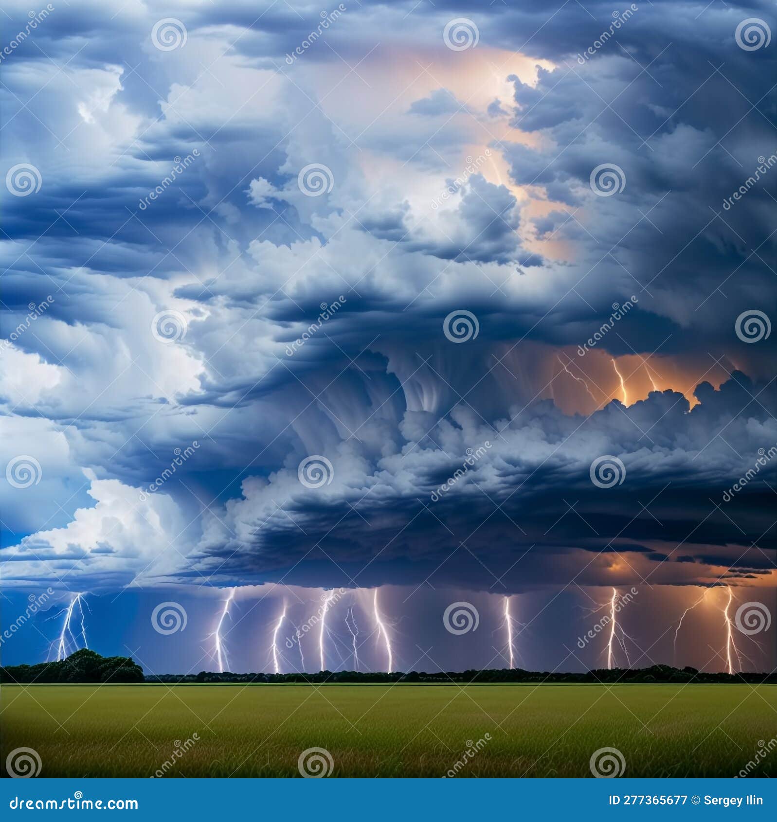 Stormy Sky with Multiple Cloud To Ground Lightning Strikes. Generative AI Stock Illustration ...