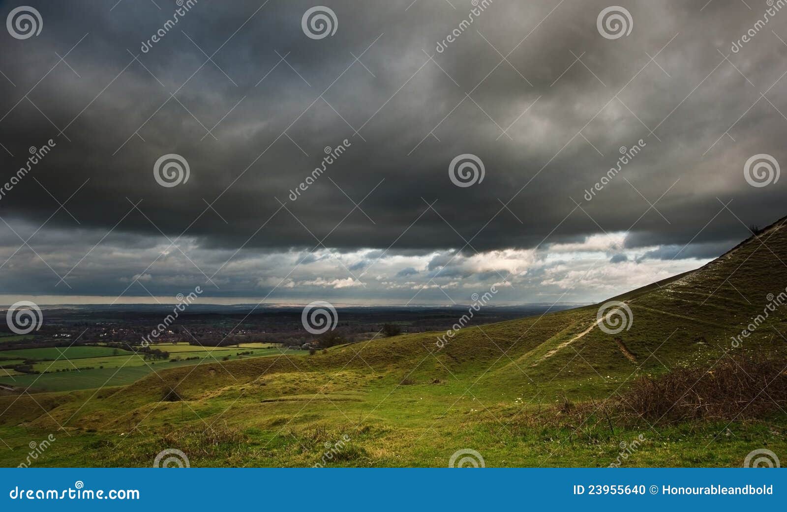 Stormy Sky Over Countryside Landscape Stock Photo - Image of fields ...